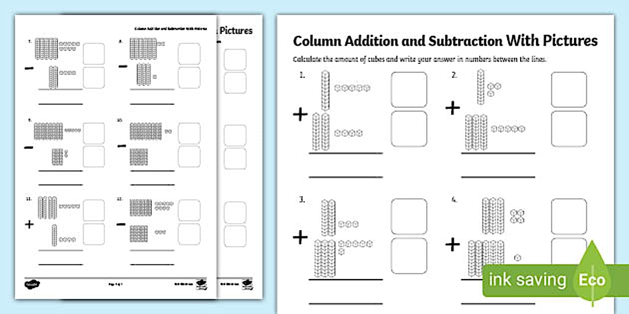 👉 2-Digit Column Addition and Subtraction with Pictures Worksheet - Primary