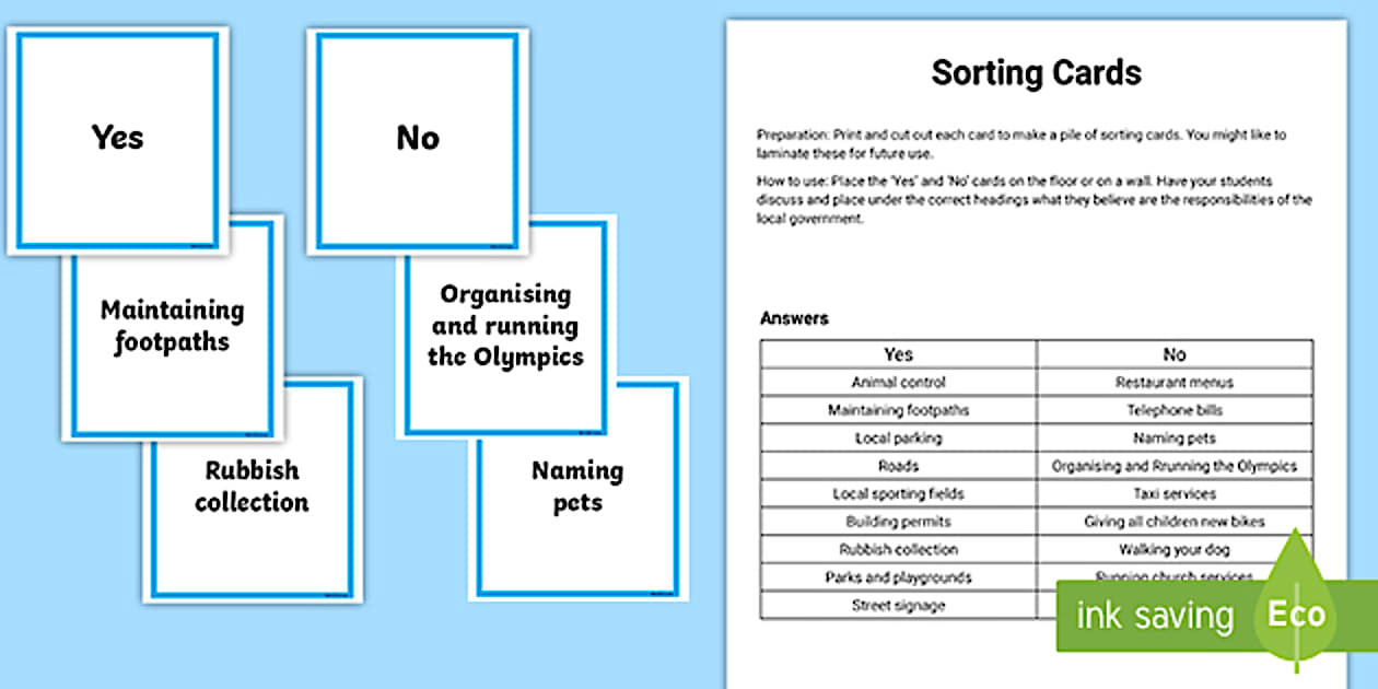 Roles of Local Government Sorting Cards (teacher made)