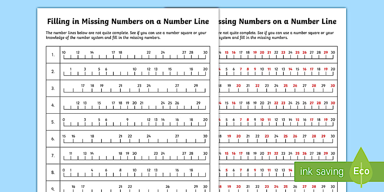 Filling in Missing Numbers on a Number Line to 30 Worksheet