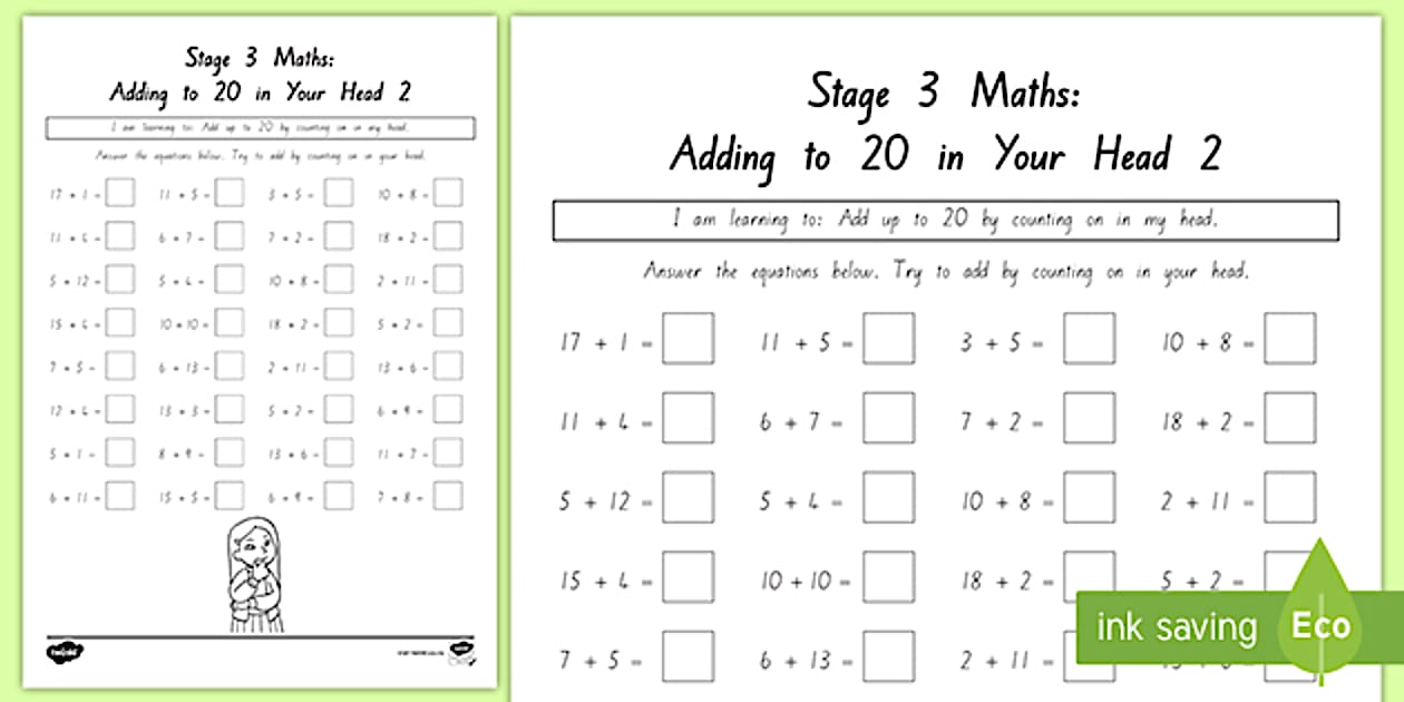 Add To 20 In Your Head Mathematics Worksheet Stage 3 Twinkl