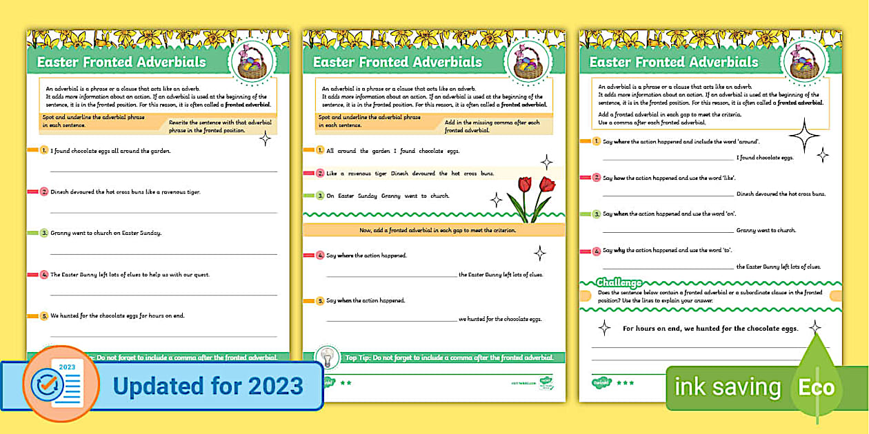 KS2 Easter Fronted Adverbials Worksheets (teacher made)