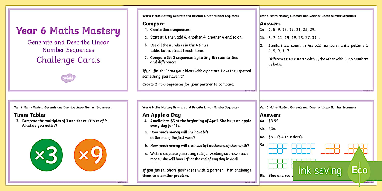 Year 6 Algebra: Generate and Describe Maths Mastery Challenge Cards