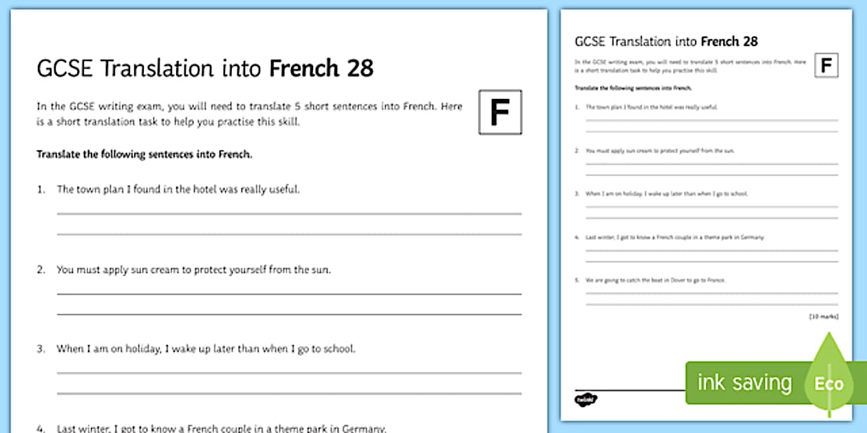 GCSE Translation into French 28 Foundation Tier Worksheet / Worksheet