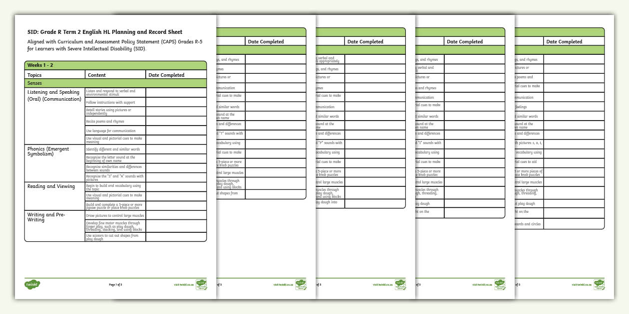 SID: Grade R Term 2 English HL Planning and Record Sheet