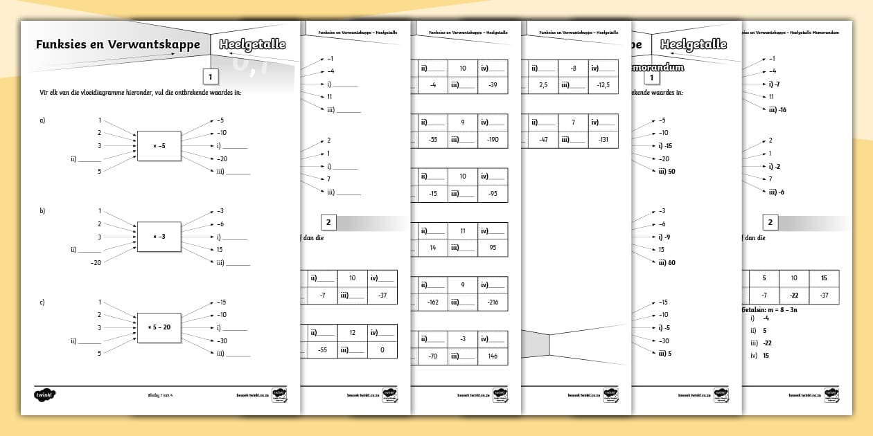 Funksies en Verwantskappe: Heelgetalle Werkkaart - Twinkl