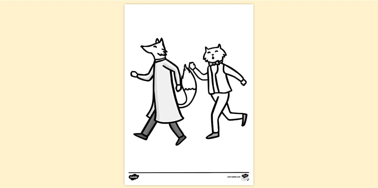 Cat and Fox Running Away Colouring Pages | Colouring Sheets