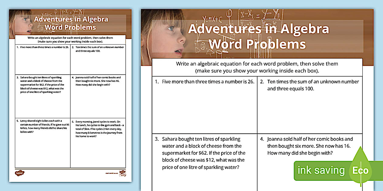 Adventures In Algebra: Word Problems Practice (Year 7-8)