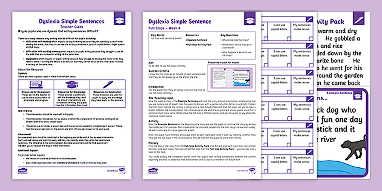 Pack Four Dyslexia Simple Sentences: Full Stops Activity Pack