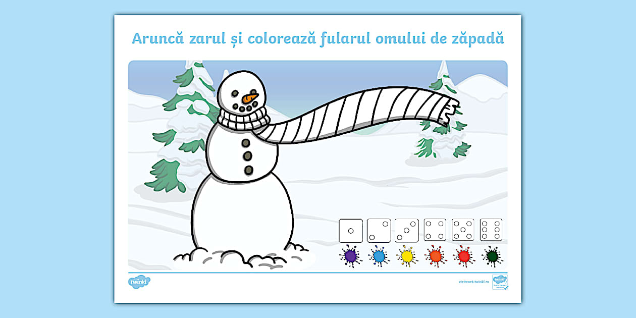 Aruncă zarul și colorează fularul omului de zăpadă