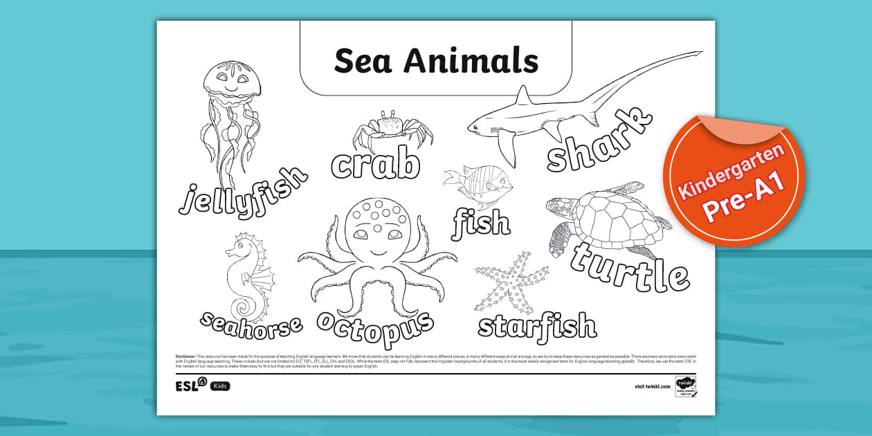 ESL Sea Animals Colouring Sheet for Kindergarten - Twinkl