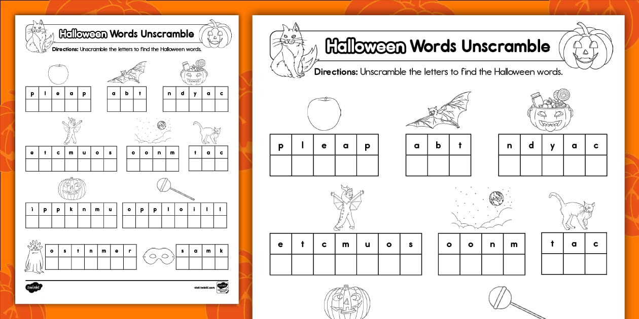 Halloween Words Unscramble Activity Worksheet for K-2nd Grade