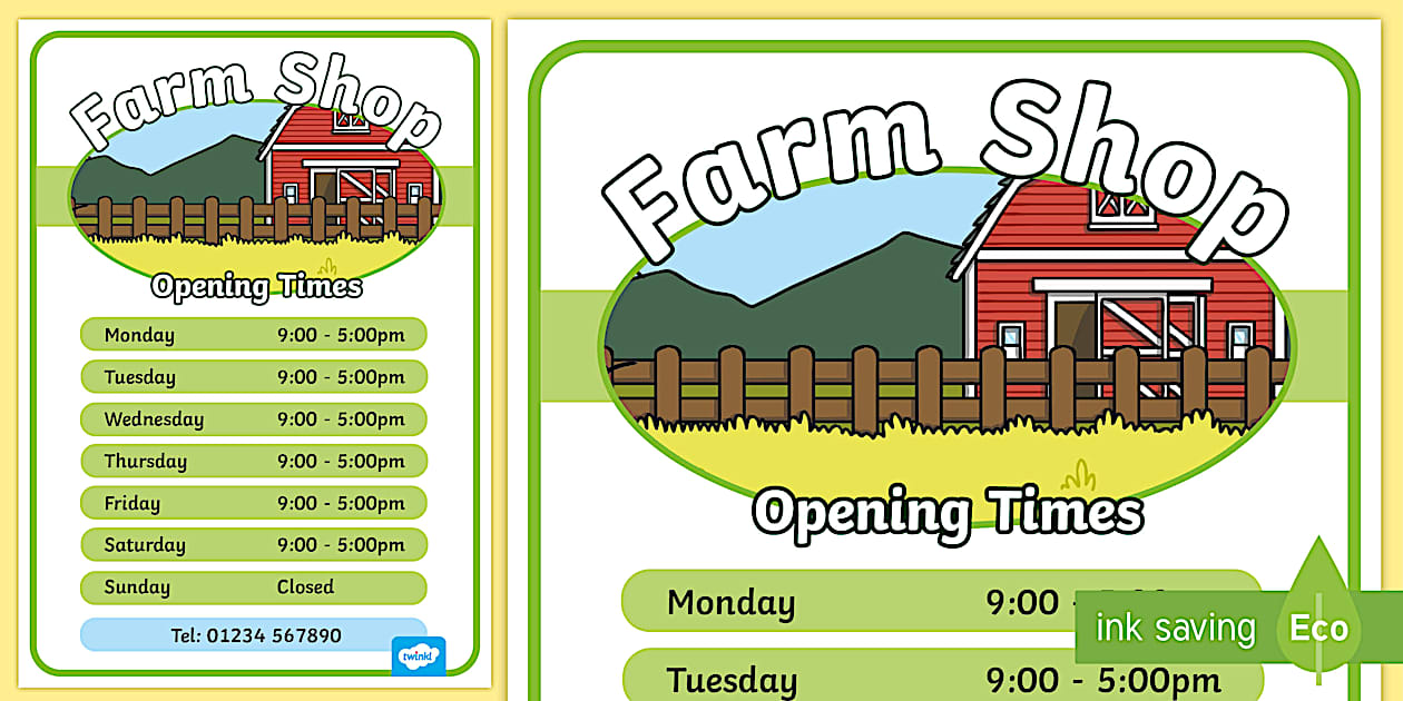 Farm Shop Role Play Opening Times (teacher made) - Twinkl