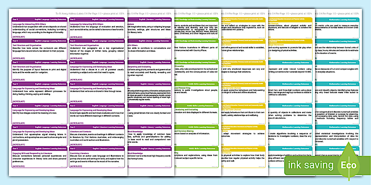 Australian Curriculum Year 3 Learning Outcomes Stickers