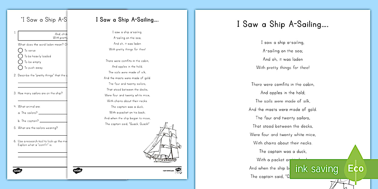 Third Grade I Saw a Ship A-Sailing' Poem Comprehension Worksheet
