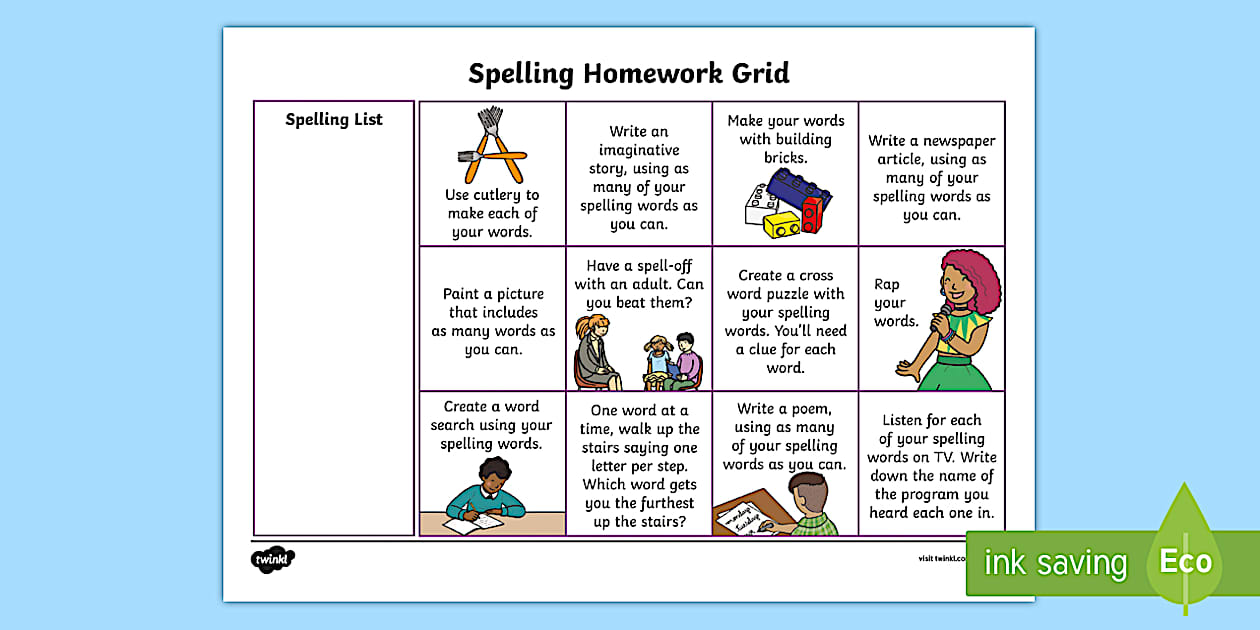 Editable First Level Spelling CfE Homework Grid - Twinkl