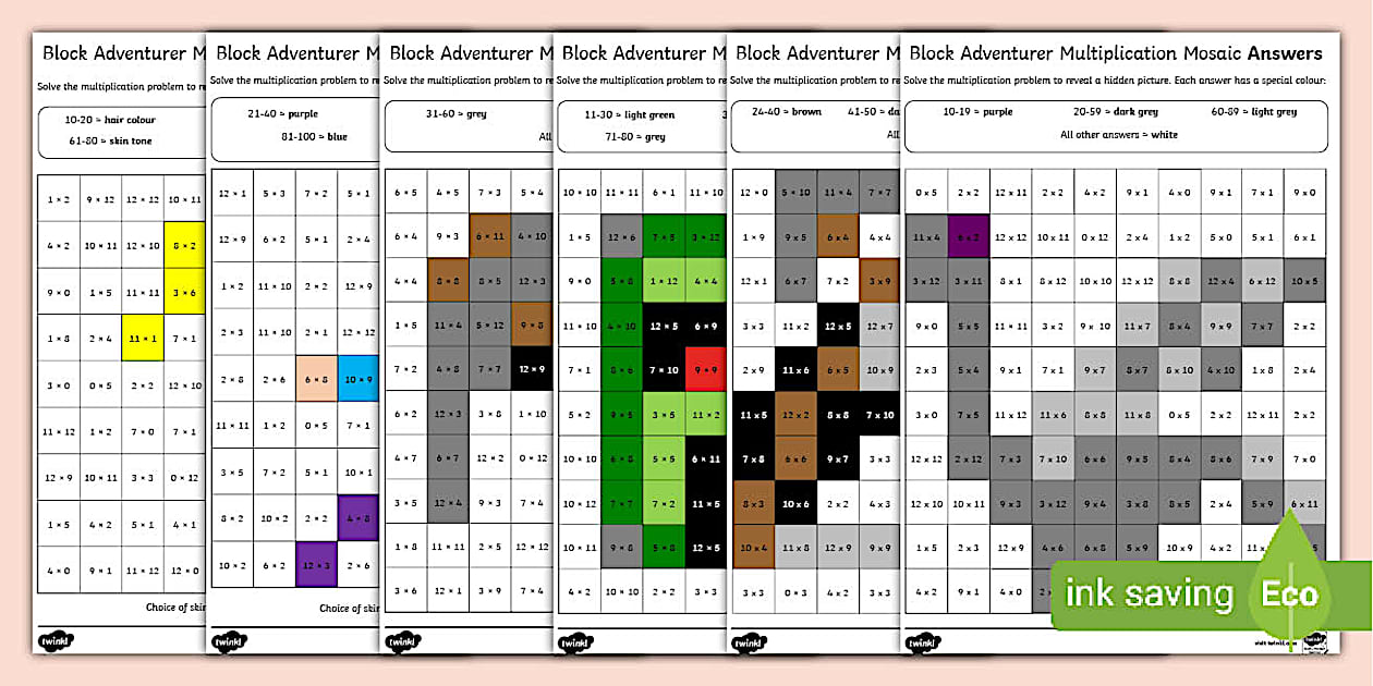 KS2 Block Adventurer Multiplication Maths Mosaic Worksheets