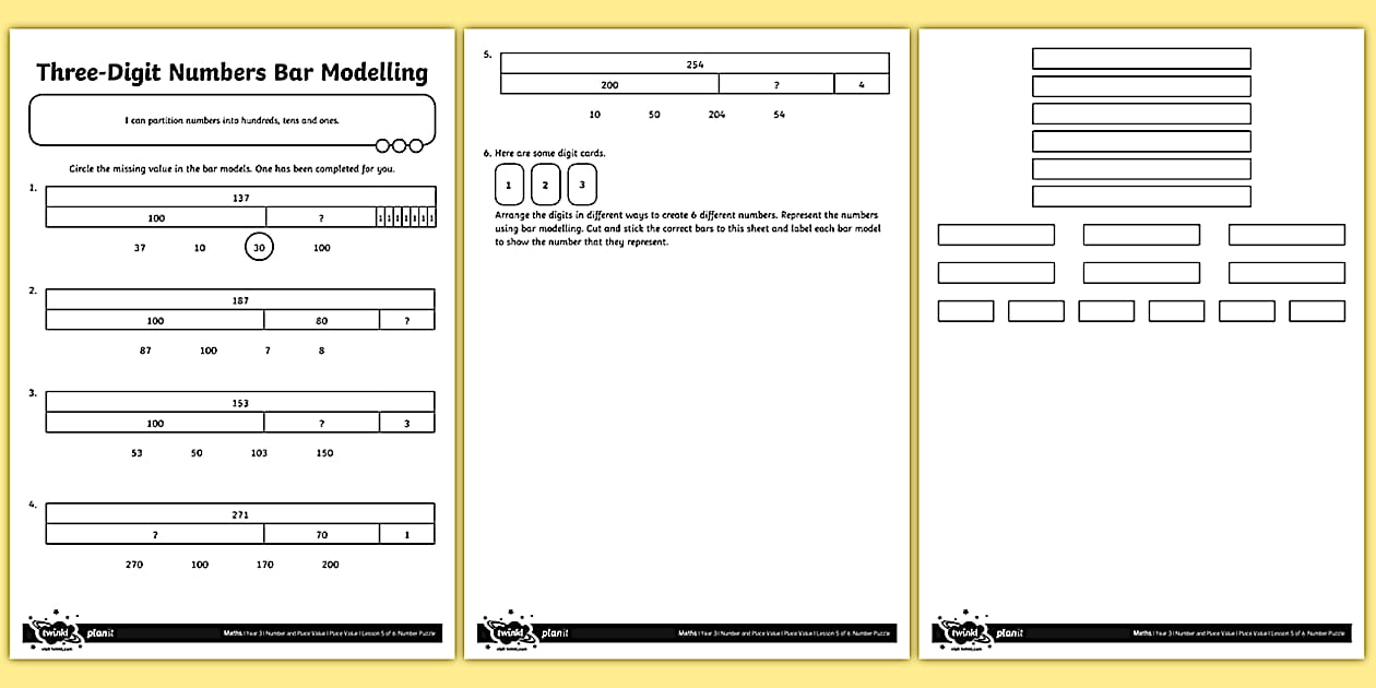 Three-Digit Numbers Bar Modeling Worksheet / Worksheet