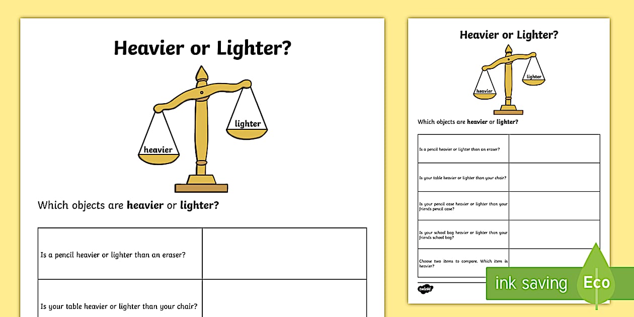 TAS Heavier or Lighter Worksheet (teacher made) - Twinkl