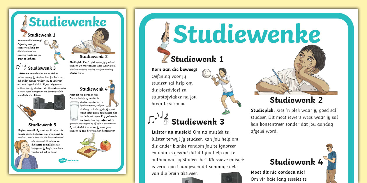 Studiewenke vir Toetse en Eksamens Plakkaat (teacher made)