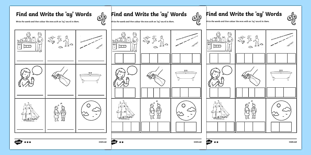 ay Words Differentiated Worksheets - ay words for kids