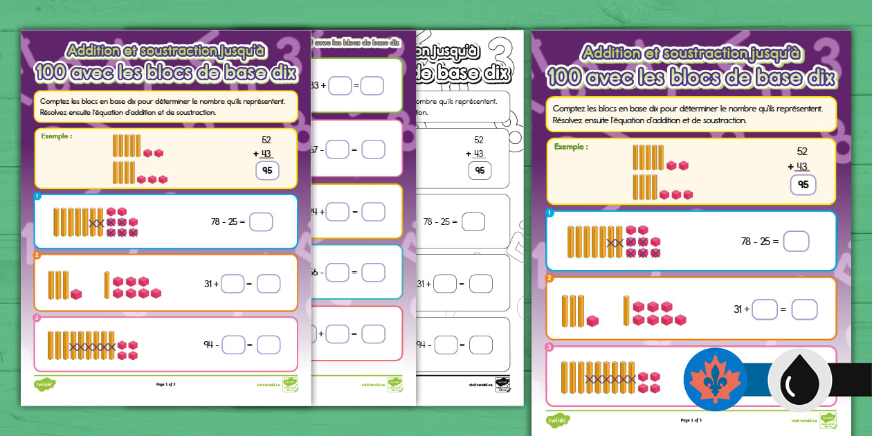 Addition and Subtraction within 100 with Base Ten Blocks Activity French