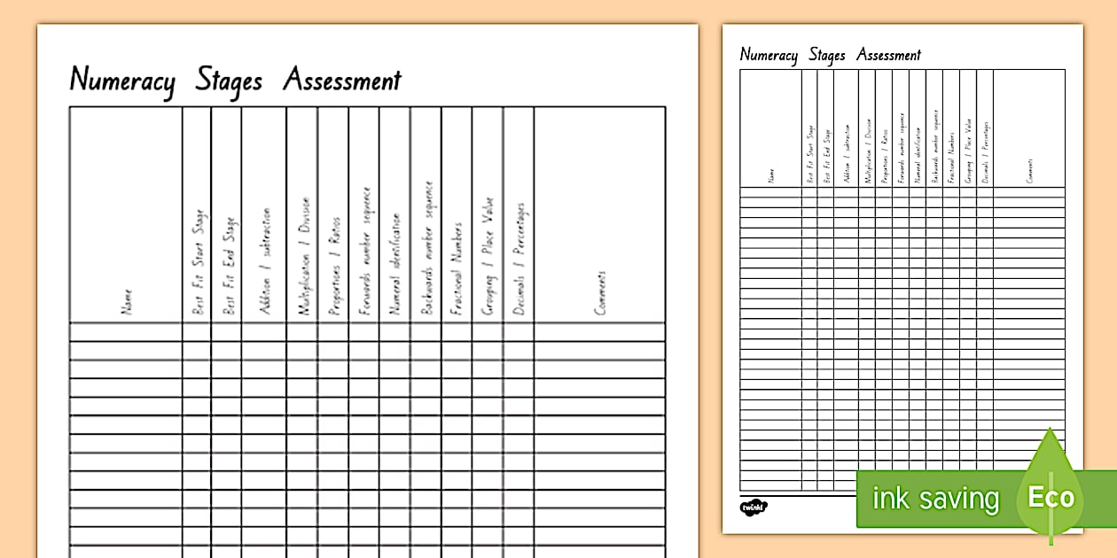 Editable Numeracy Stages Assessment Sheet (teacher made)