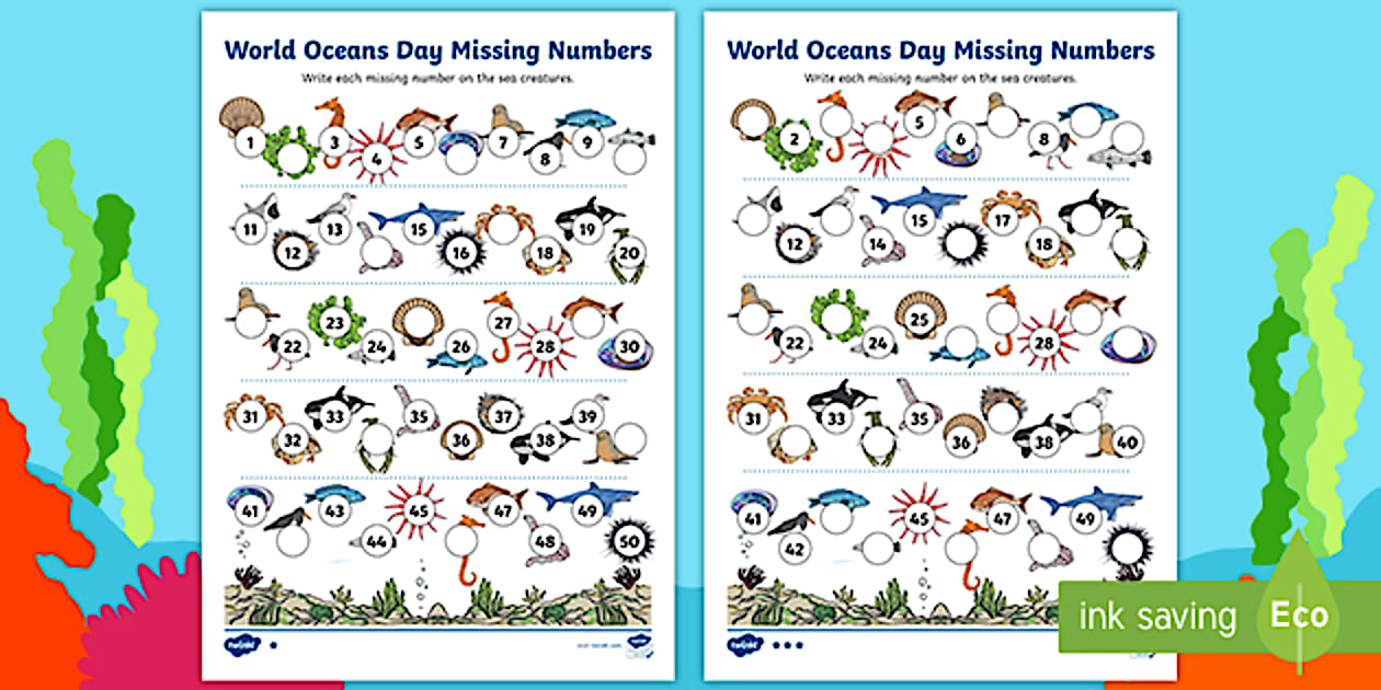 World Oceans Day Missing Number Activity Sheet | Twinkl
