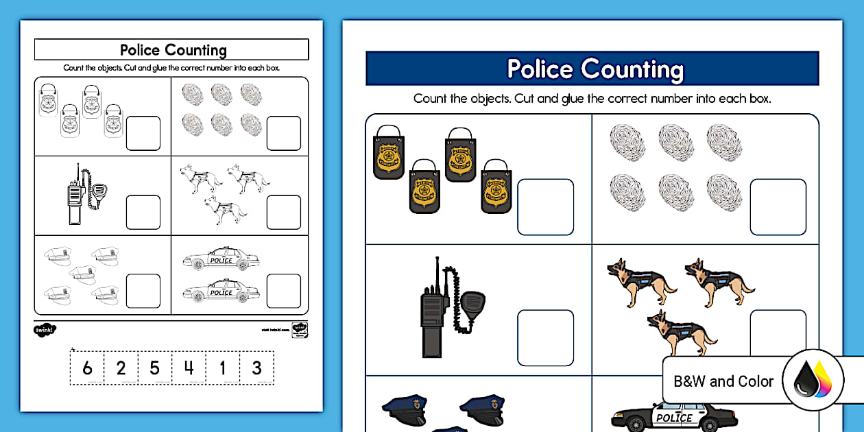 Police Counting 1-6 Cut and Paste Worksheet (teacher made)