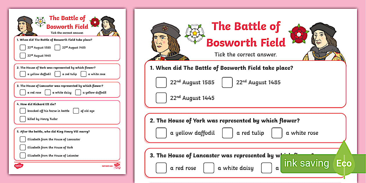 The Battle of Bosworth Field Paper Quiz (teacher made)