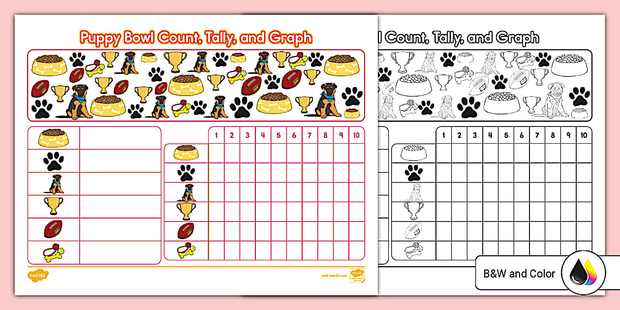 First Grade Puppy Bowl Count, Tally, and Graph Worksheet