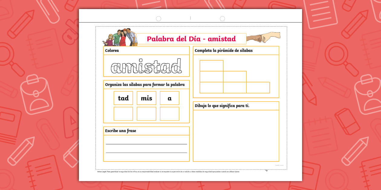 Guía de Trabajo: Palabra del Día - amistad (teacher made)