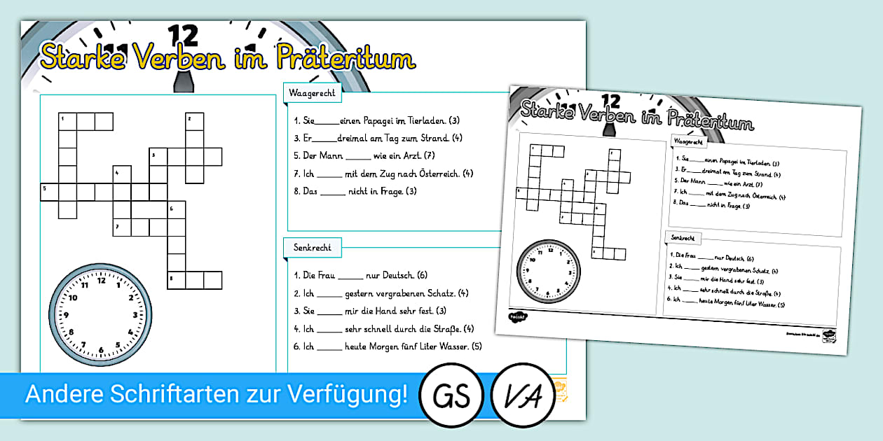 Starke Verben im Präteritum - Kreuzworträtsel - Twinkl