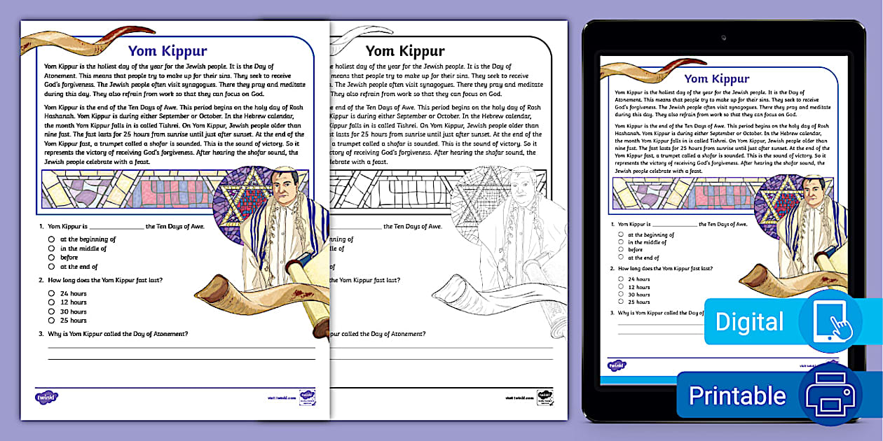 Yom Kippur Reading Passage Comprehension Worksheet - Twinkl