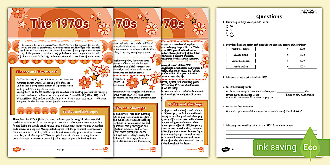UKS2 The 1970s Differentiated Reading Comprehension Activity