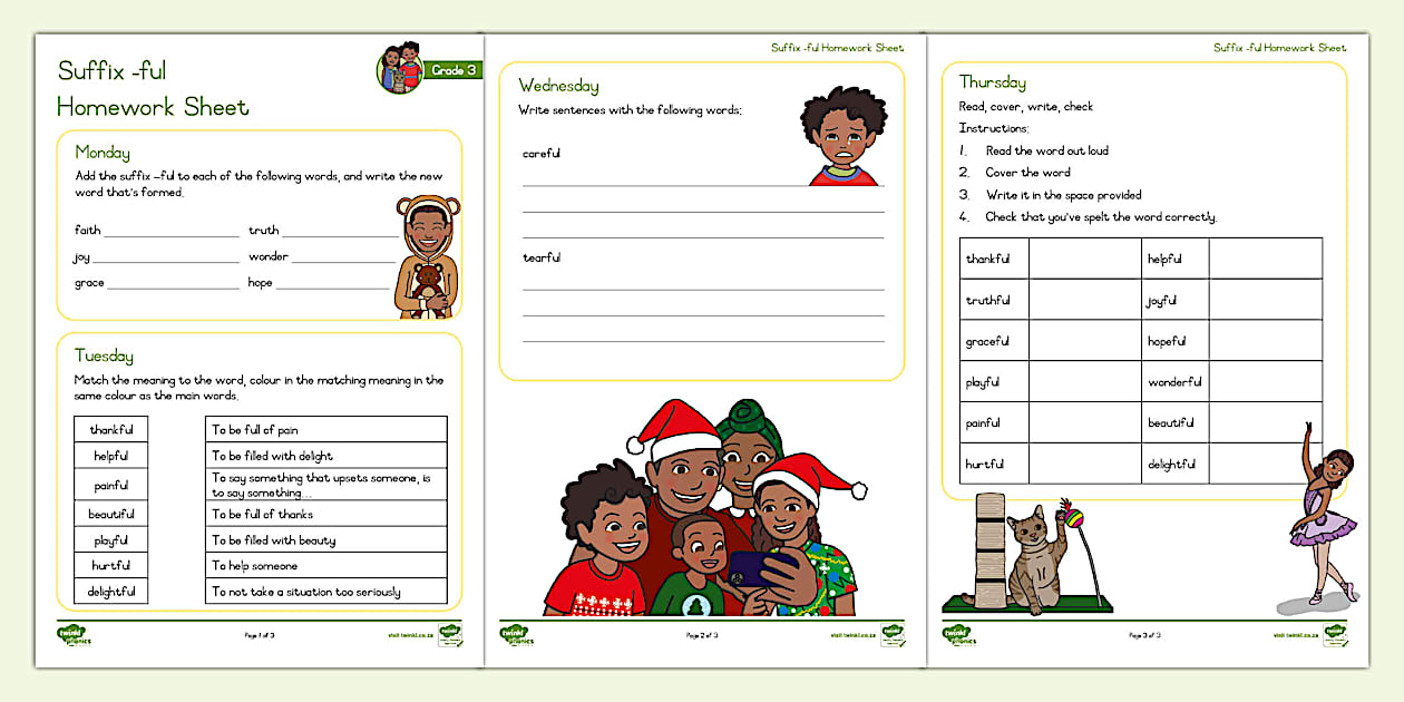 Grade 3 English Phonics Suffix -ful Homework Sheet (CAPS)