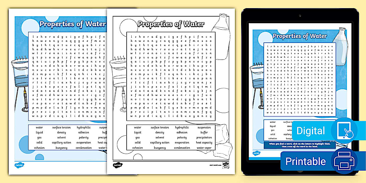 Properties of Water Word Search for 6th-8th Grade - Twinkl