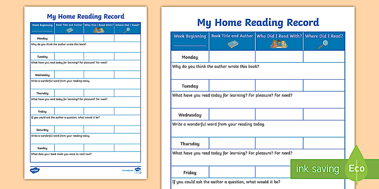 KS2 Home Reading Record - Tracking Sheet (teacher made)