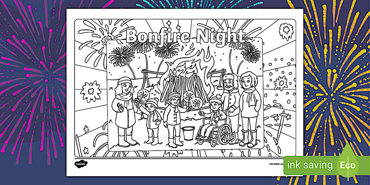 Bonfire Night Montage Colouring Page, Bonfire Night - Twinkl