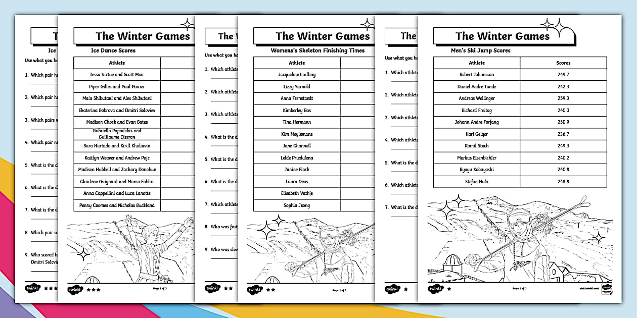 Winter Games Ordering Times and Scores Worksheets - Twinkl