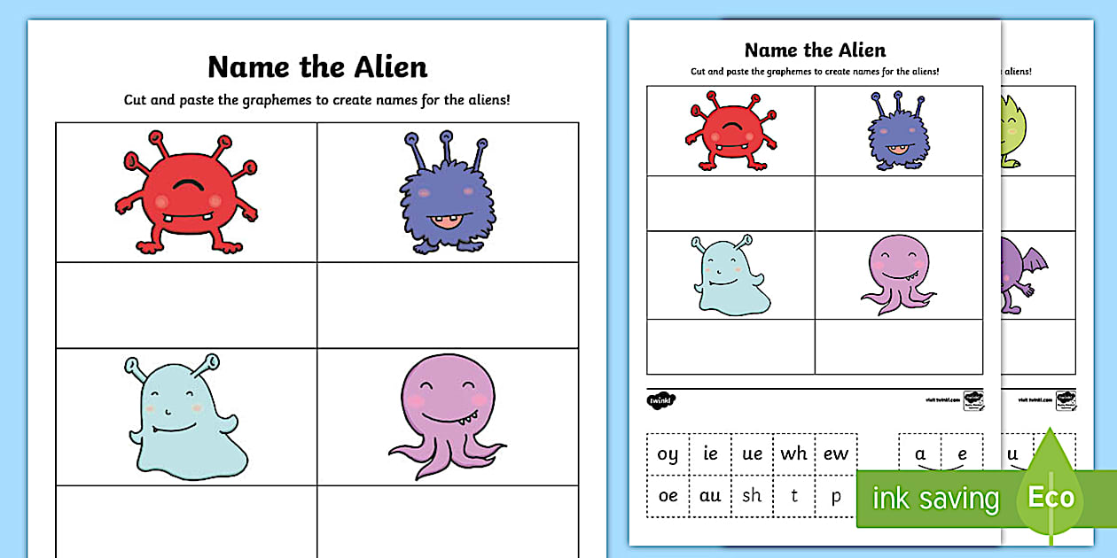 Phase 5 Phonics Name the Alien Cut and Stick Activity