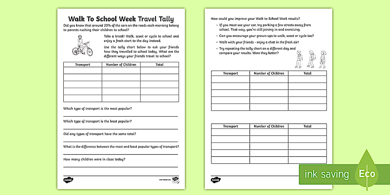 KS1 Let's all Walk to School Week Tally Chart Worksheet / Worksheet