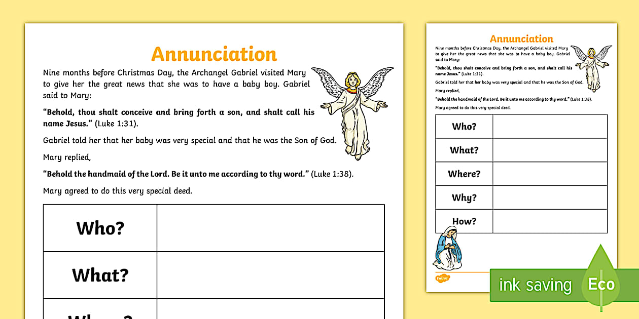 Annunciation 5Ws Worksheet (teacher made) - Twinkl