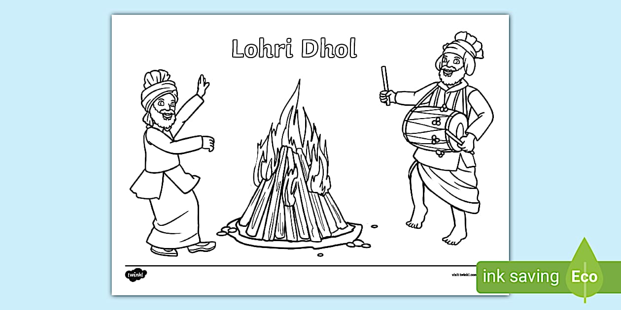 Lohri Dhol Colouring Sheet for KS1 students - Twinkl