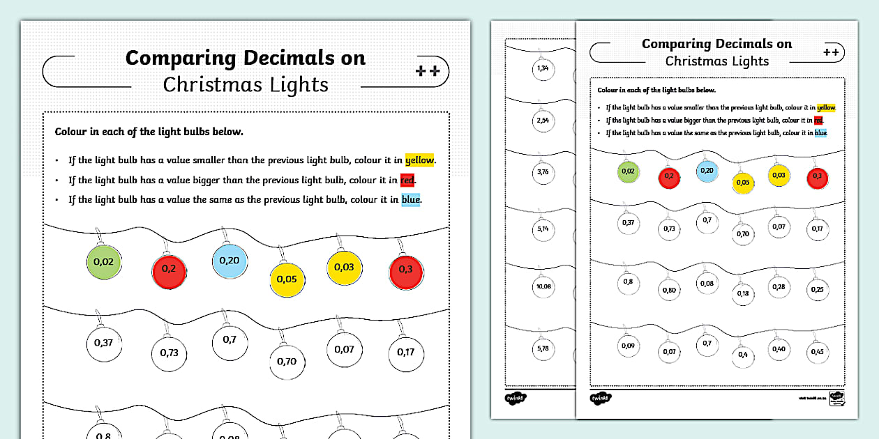 Comparing Decimals on Christmas Lights: Activity Sheet