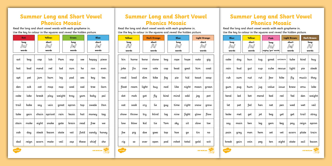 Summer Long and Short Vowel Phonics Mosaic Worksheets