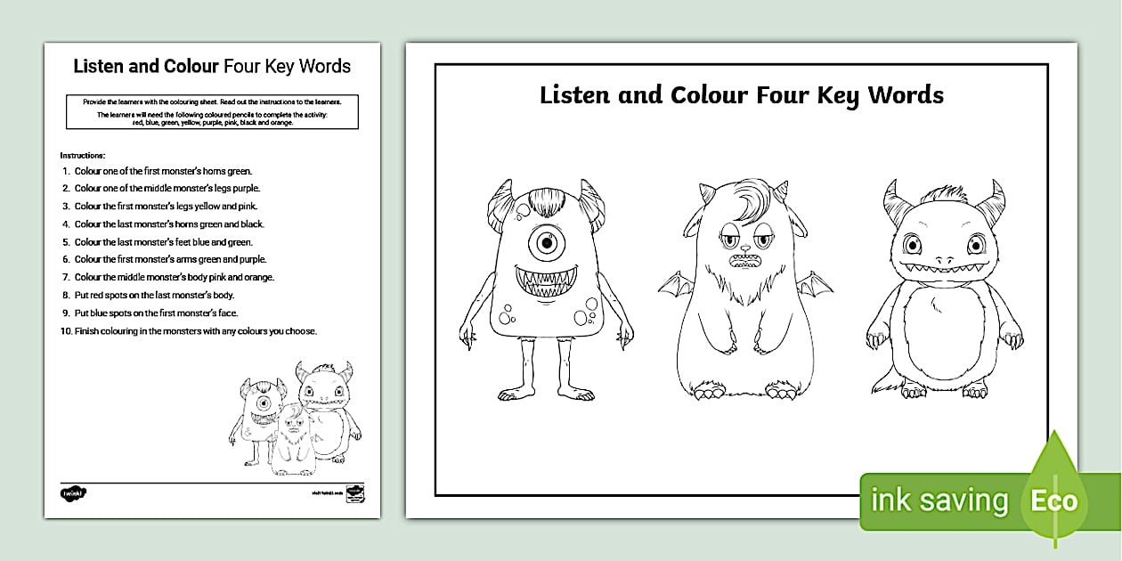 Monster Listen and Colour Four Key Words KS2 (teacher made)
