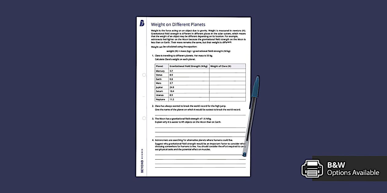 Weight on Different Planets Worksheet (teacher made)