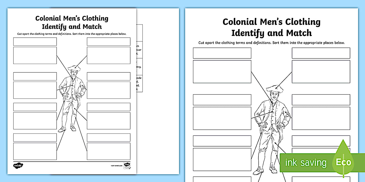 Colonial Men's Clothing Identify and Match Worksheet