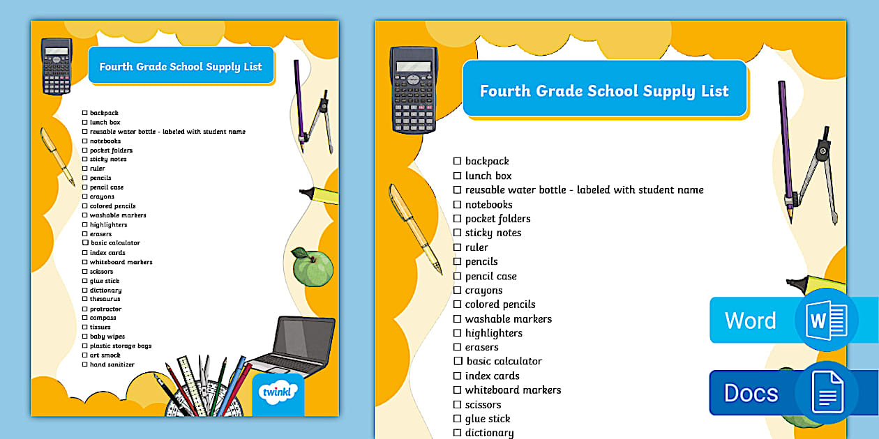 Fourth Grade Editable School Supply List (Teacher-Made)