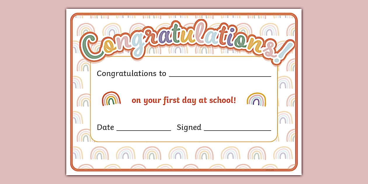 Muted Rainbow-Themed First Day of School Certificate